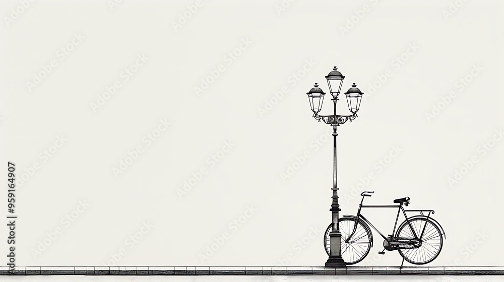 Line illustration of a bicycle and street lamp on a solid white ...