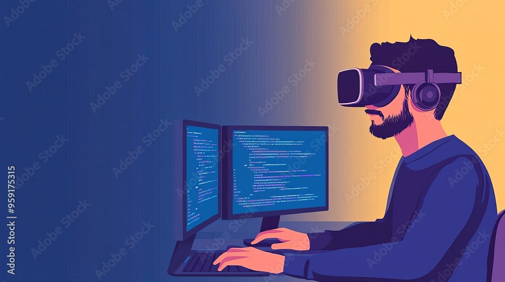 Programmer coding frontend elements, virtual reality screens, advanced tech workspace Stock ...