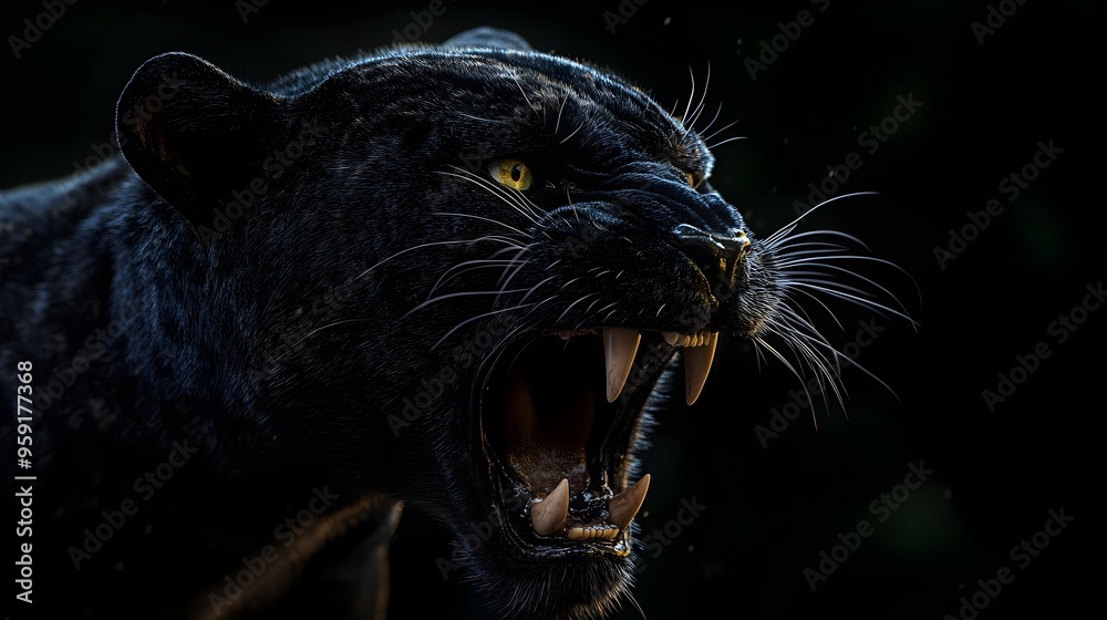 A black pntera with a predatory and evil look bares its huge fangs ...