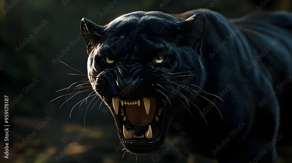 A black pntera with a predatory and evil look bares its huge fangs ...