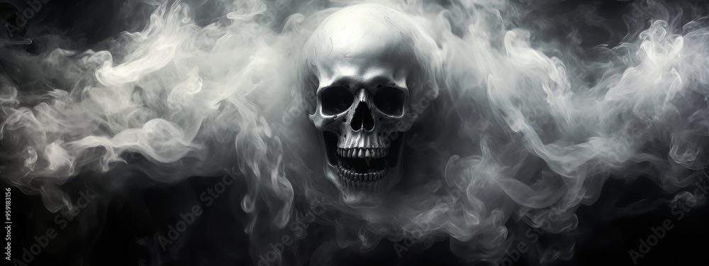 Scary evil skeleton skull with smoke on black background. Halloween and ...
