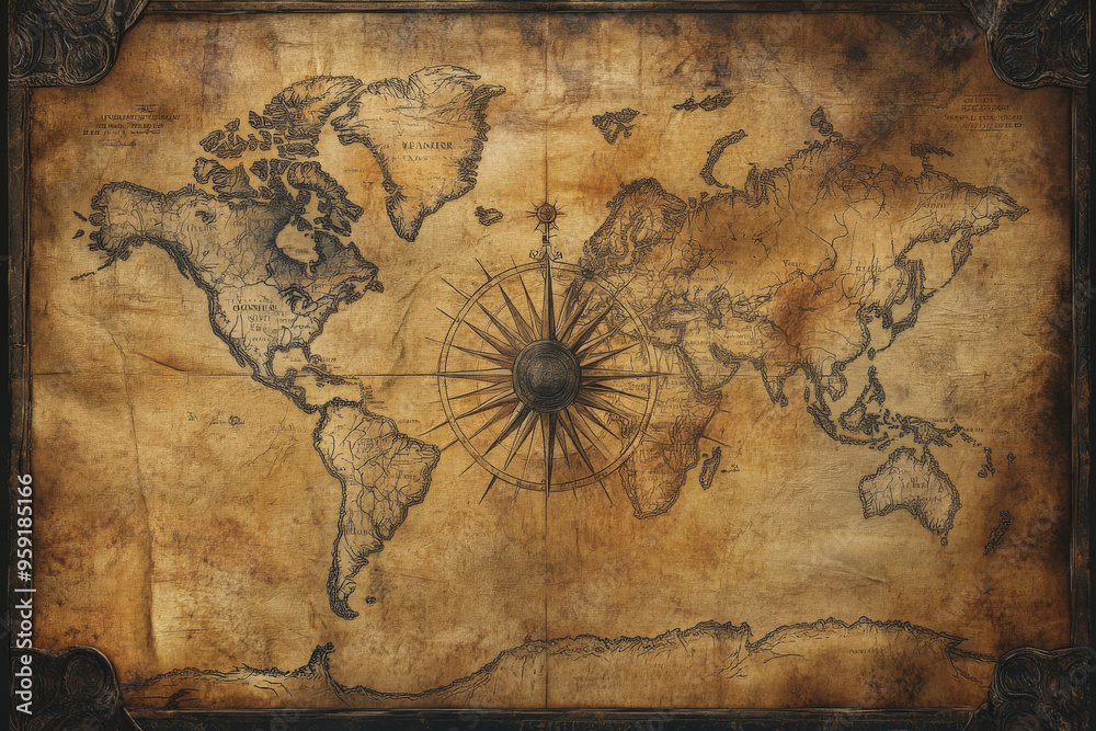 A beautifully aged world map with intricate detailing and sepia tones ...