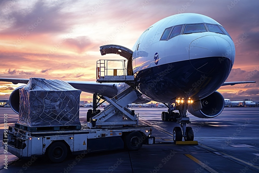Ground crew loading cargo containers onto an airplane using a conveyor ...