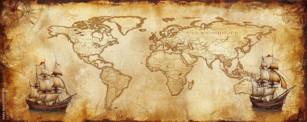 A vintage world map with sepia tones, showcasing old maritime routes ...