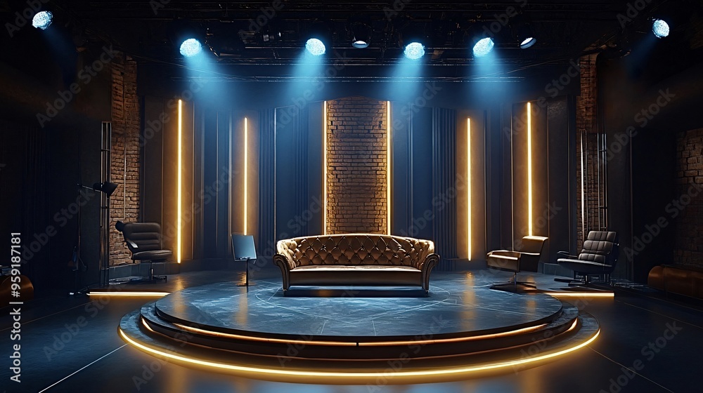 Professional tv studio set with a round stage and a luxurious leather ...