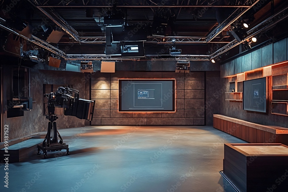 Inside a cutting-edge television studio, all set for a new broadcast ...