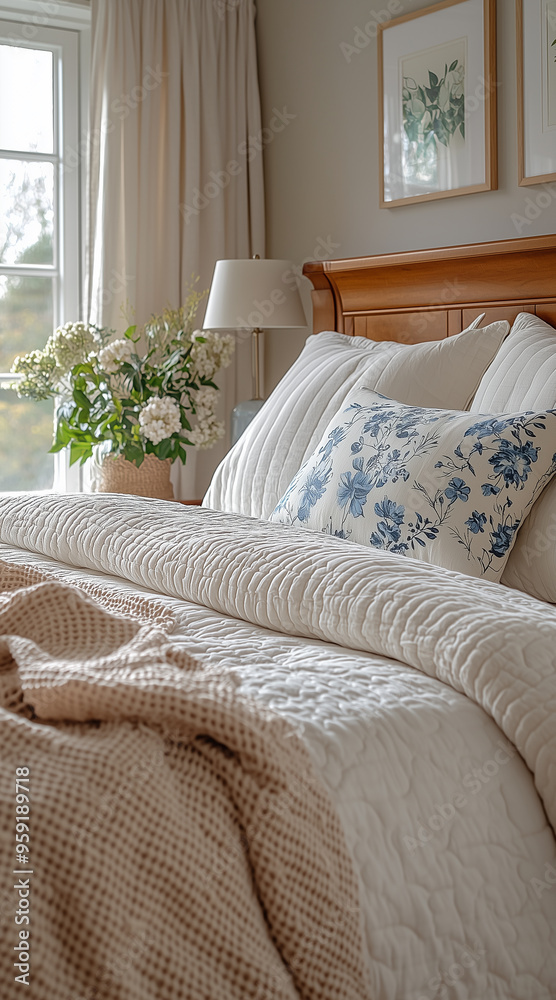 Bedroom with layered bedding, combining different fabrics and patterns ...