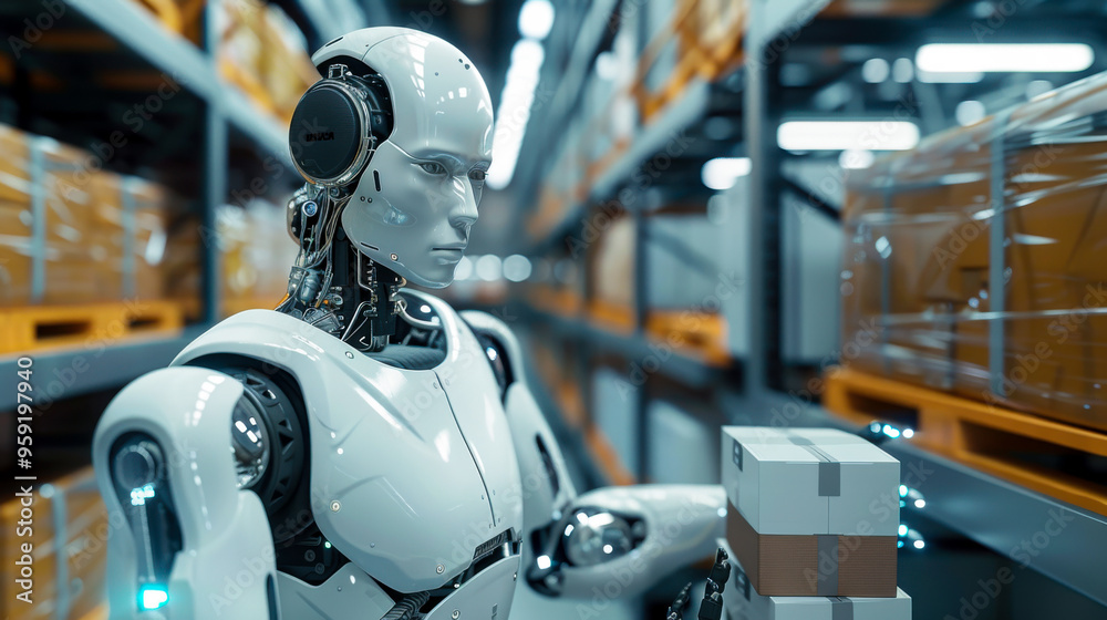 AI-Driven Robot Sorting Packages. A warehouse robot equipped with AI ...