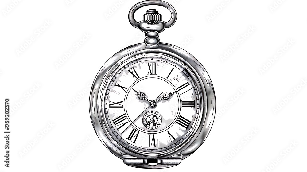 Vintage pocket watch line illustration isolated on solid white ...