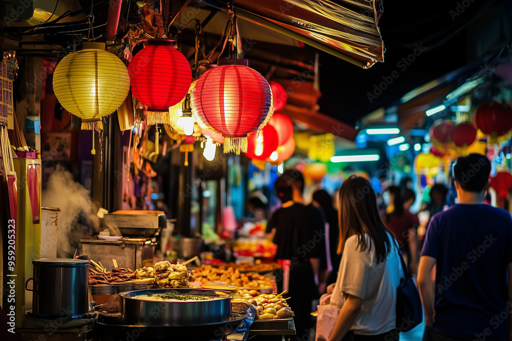 the lively atmosphere of street food vendors and colorful lanterns at ...