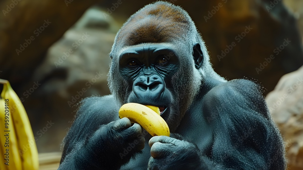 Silverback gorilla in close-up eating a banana, detailed and clear ...