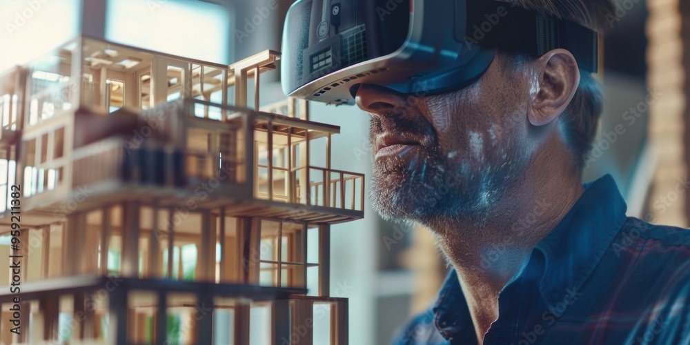 Enthusiastic architect with a virtual reality architecture model ...