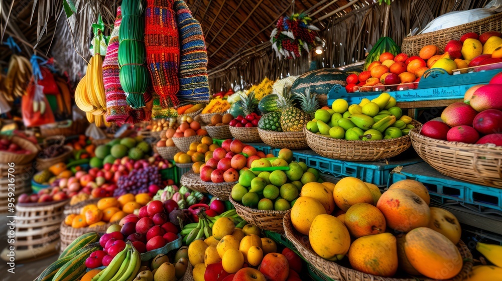 vibrant tropical market scene with colorful fruits, exotic vegetables ...