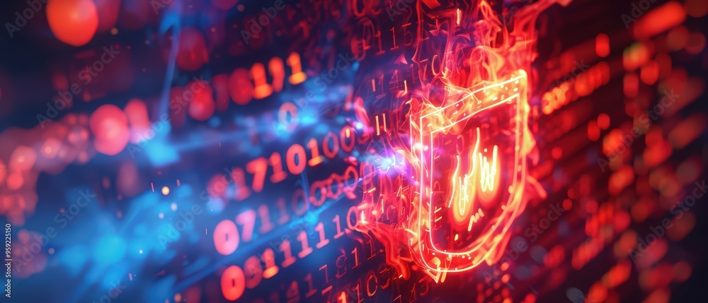 Abstract digital background featuring a glowing shield and binary code, representing ...