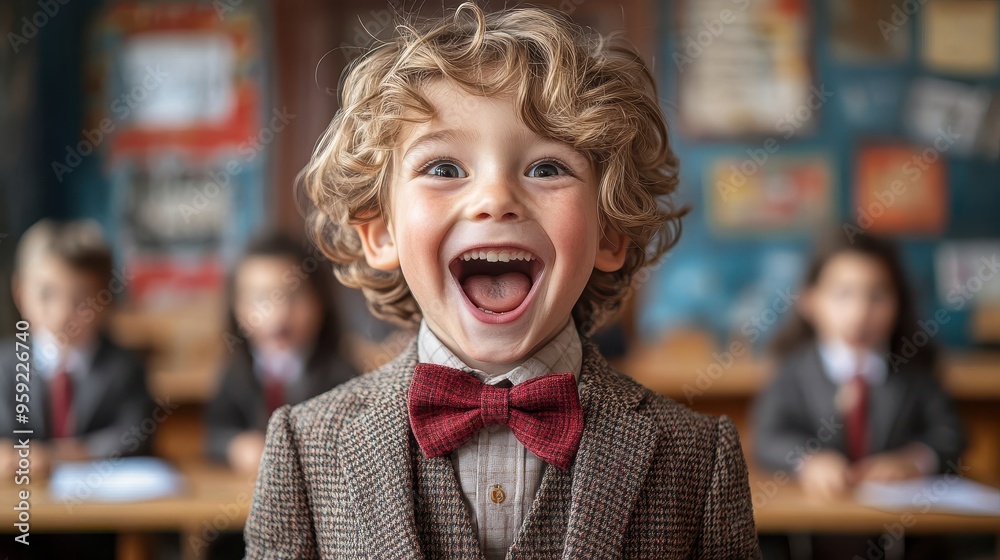Cute Boy in School Uniform with Red Bow Tie Shouting in a Bright and ...