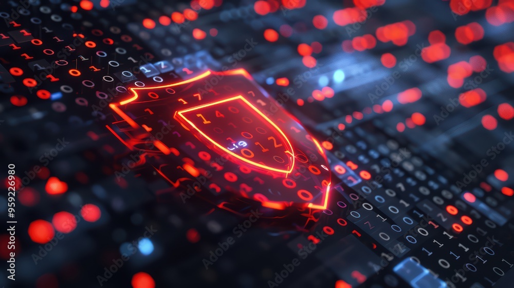 Futuristic digital shield glowing in red, representing cybersecurity ...