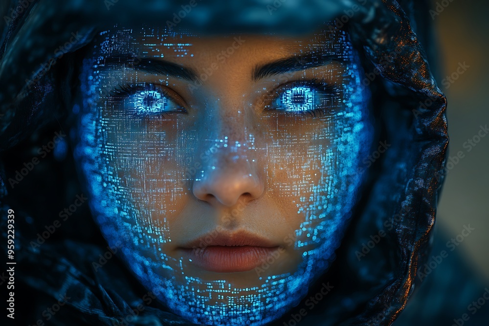 A blue digital hacker with glowing binary code, AI in cybersecurity ...