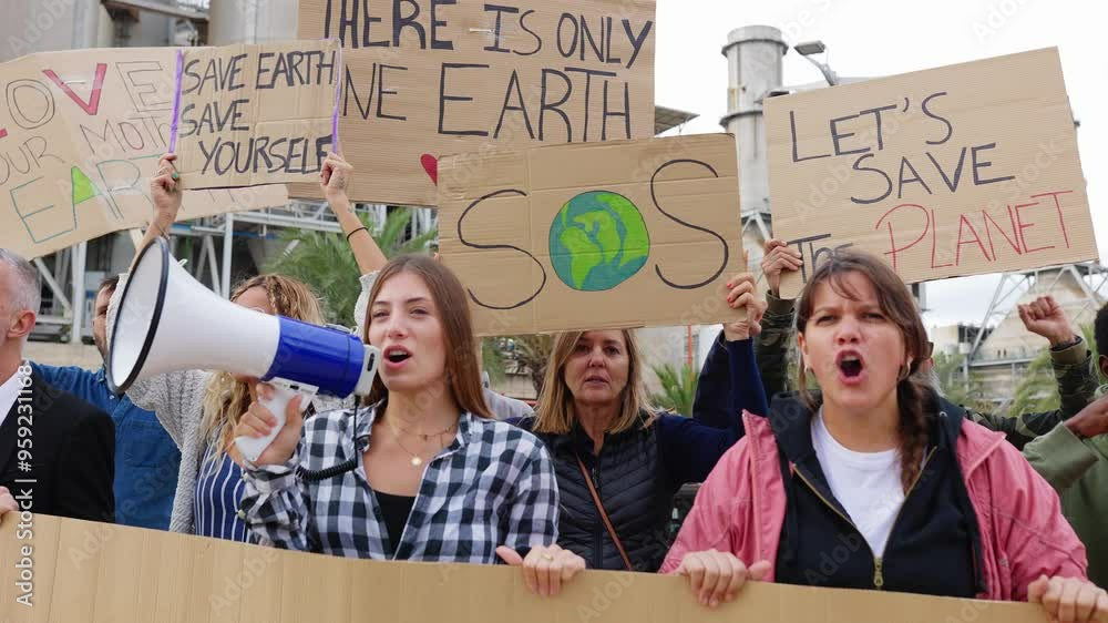 Group of people with placards and poster on global strike for climate ...
