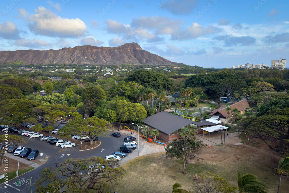 Entrance of Honolulu Zoo with scenic view of Diamond Head crater in the ...