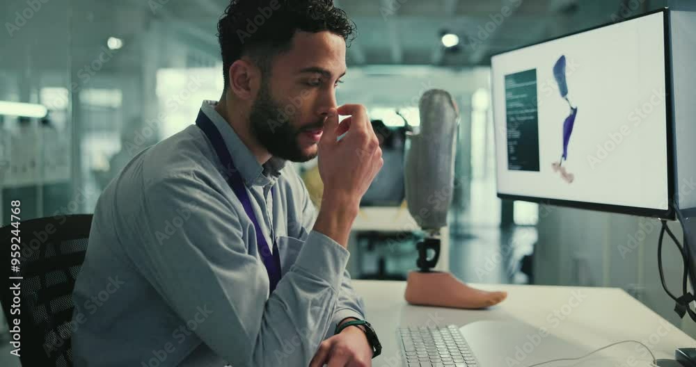 Man, scientist and headache in lab with computer for prosthetic leg ...