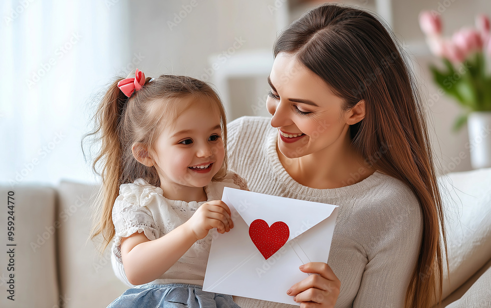 Mother and daughter sharing a heart-shaped card, bonding moment, family ...