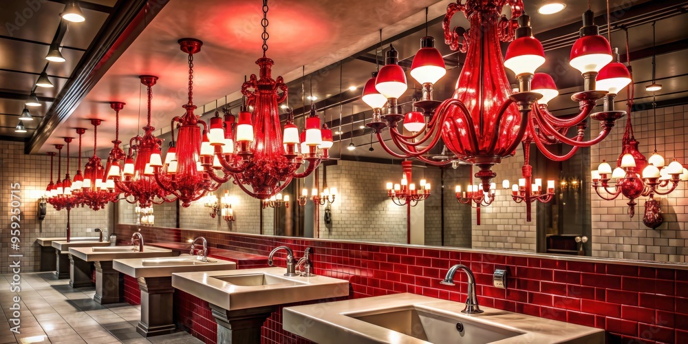 Vintage red chandeliers hanging in a stylish public washroom of a ...
