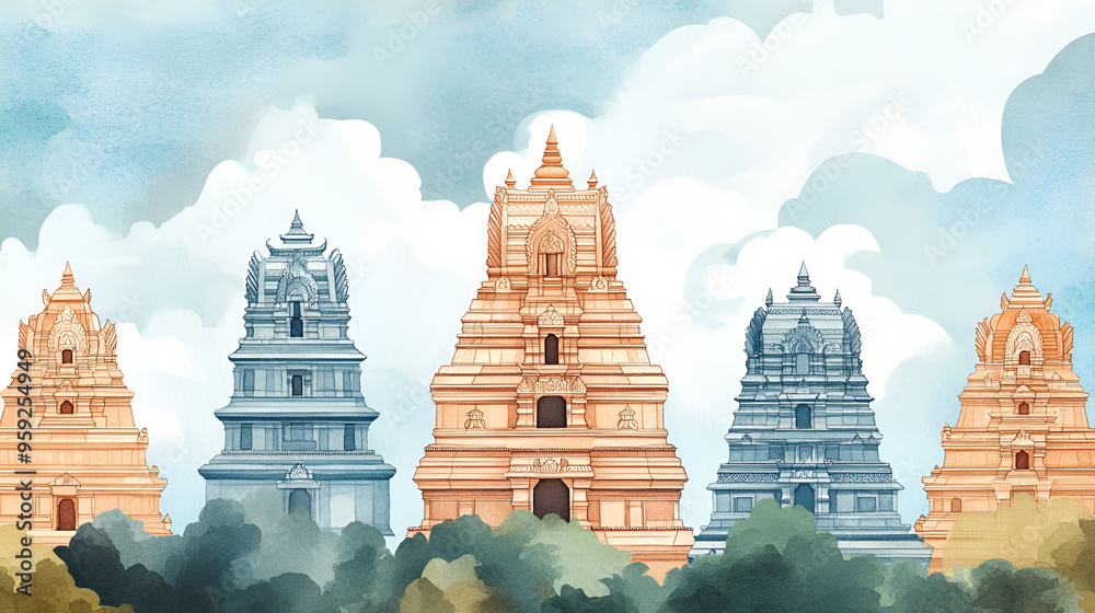 Watercolor Illustration of Traditional Asian Temple Architecture with ...