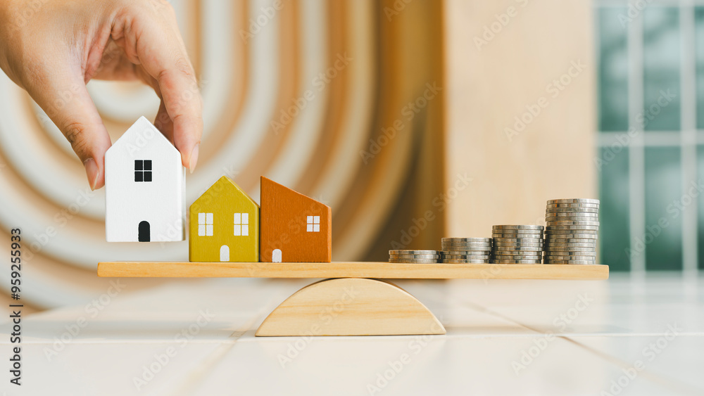 Wood house and Coins stack with balance scale. Money management ...