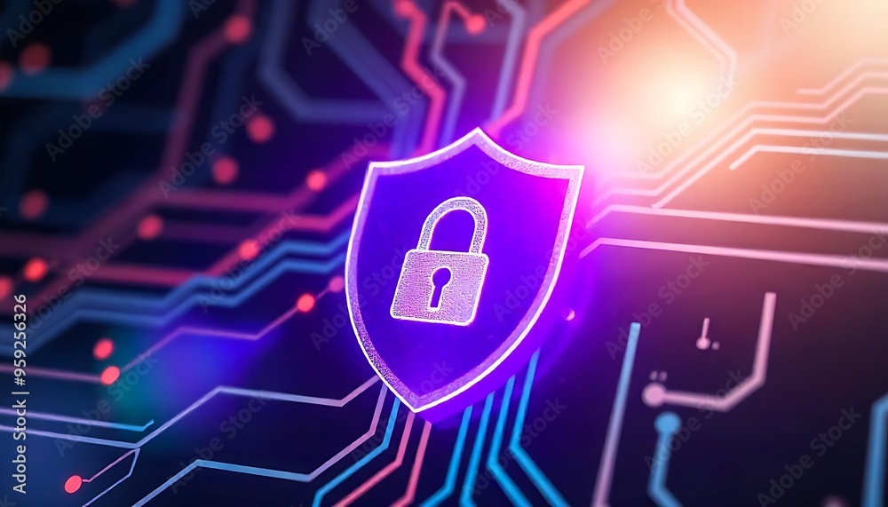 purple shield-shaped security icon with a lock symbol, surrounded by a ...