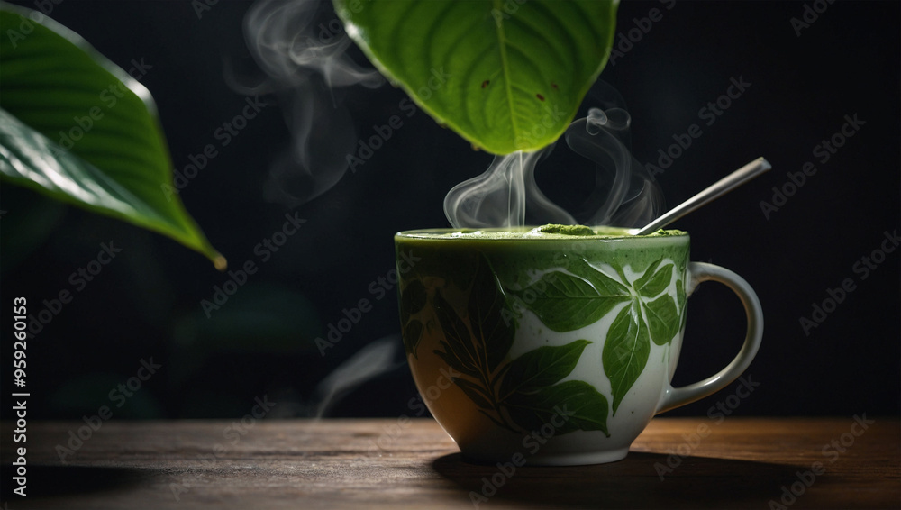Steaming cup of matcha latte with a leaf design, placed in low light ...
