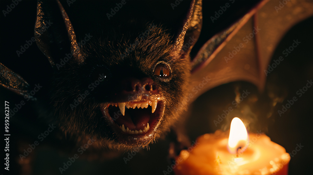 An angry bat with its mouth open is captured in a close-up shot ...