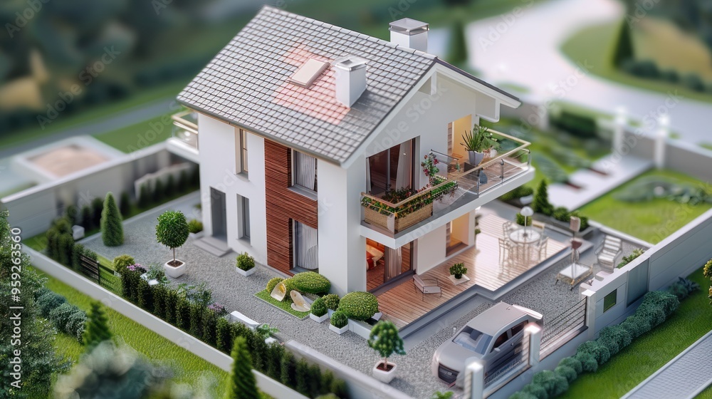 Miniature model of a small house on an architectural plan. AI generated ...