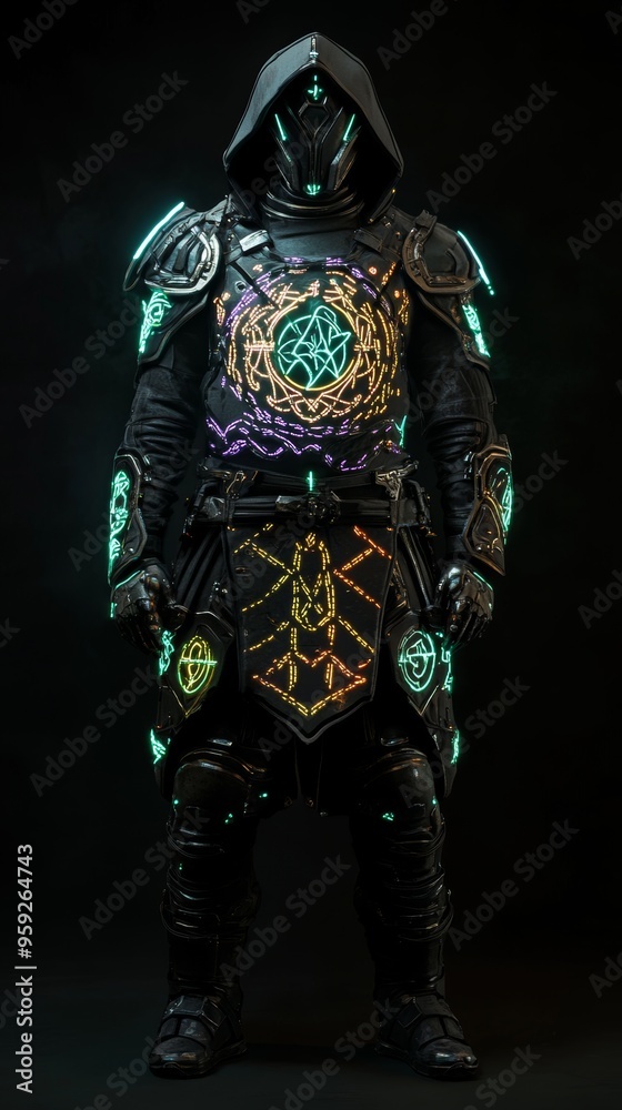 Futuristic armor featuring embroidery of mythical symbols, each stitch ...