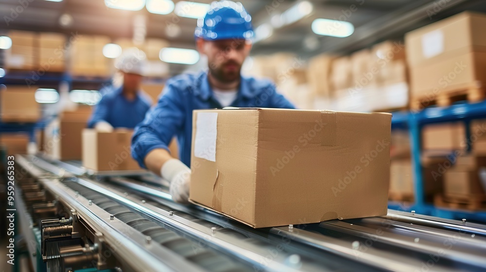 Efficient factory packaging and distribution area with workers ...