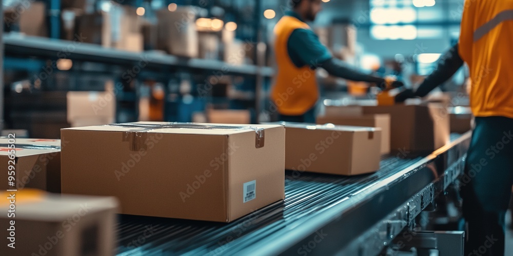 Efficient factory packaging and distribution area with workers ...