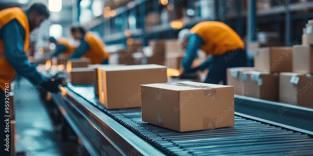 Efficient factory packaging and distribution area with workers ...