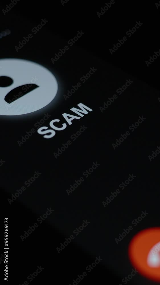 Vertical video. Phone screen showing an incoming call marked as "SCAM ...