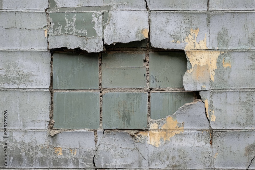 Cracked wall with missing tiles. This image shows the damage of an old ...