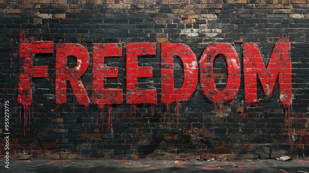 The word FREEDOM splashed in bold red graffiti paint on an old, rustic ...