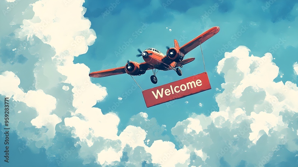 Playful airplane soaring high, pulling a vibrant "Welcome" banner ...