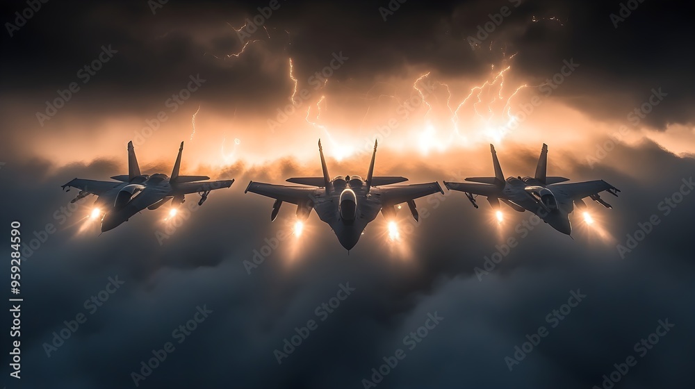Fighter jets breaking formation with one performing a steep climb, the ...