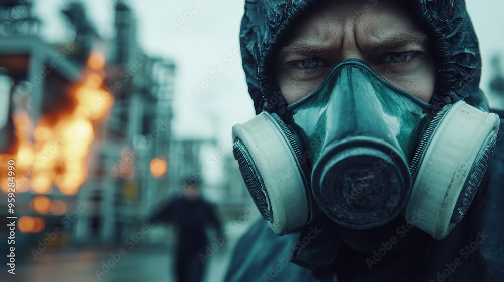 An intense man wearing a gas mask and protective gear stares forward ...