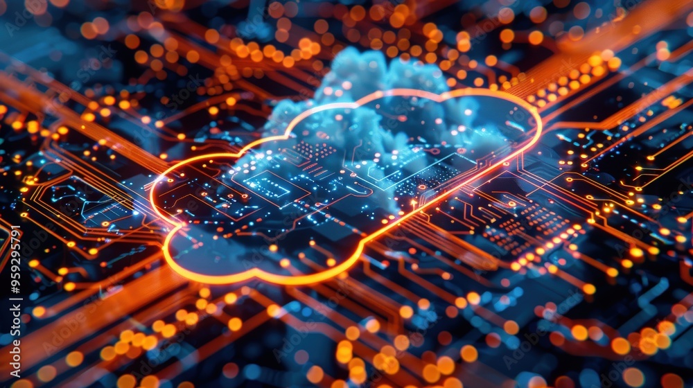 Futuristic digital cloud on a circuit board backdrop with glowing ...