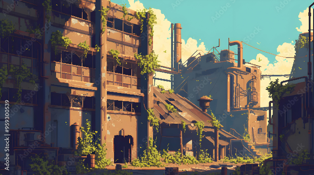 A pixel art depiction of an old, abandoned factory. The building is ...