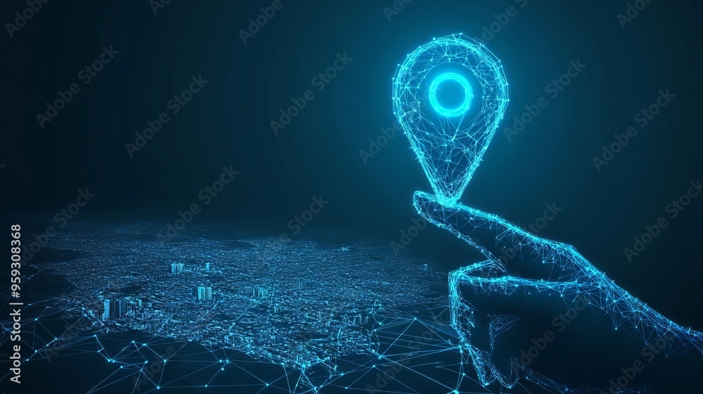 Light blue GPS pin and human hand. Digital finger touching on abstract ...
