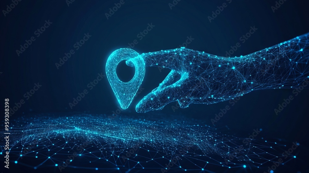 Light blue GPS pin and human hand. Digital finger touching on abstract ...