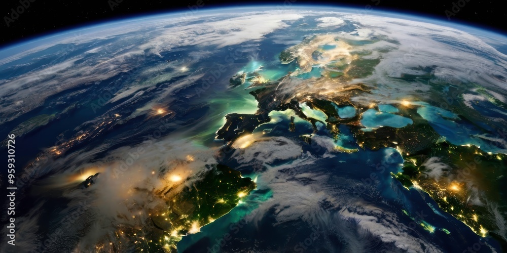 Dramatic view of Earth from space, with vivid auroras encircling the ...