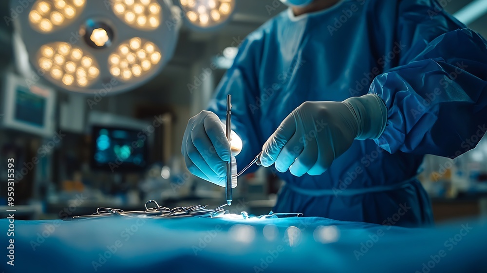 Hand of the Surgeon holds surgical instrument inside operating room in ...