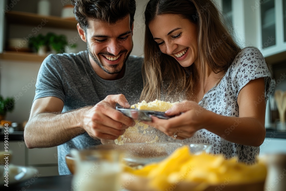 A happy couple in a modern kitchen, grating cheese together, enjoying ...