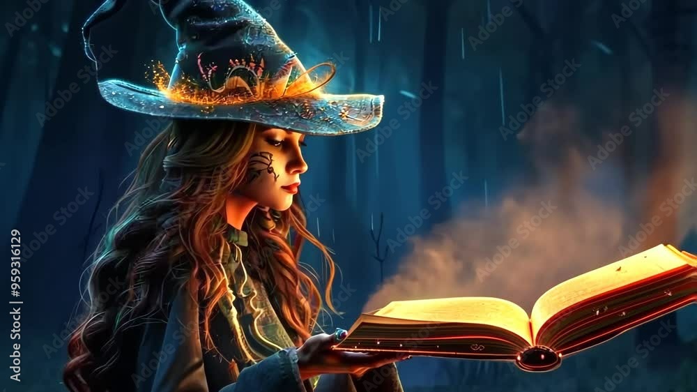Beautiful young witch casting a spell from the book in a dark fantasy ...